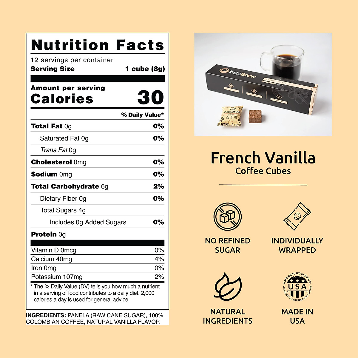 Instabrew French Vanilla Coffee Cubes - Hot or Iced, Lightly Sweetened, Individually Packaged, Convenient, On-the-Go, Sustainable Packaging (12 Count - Pack of 1)