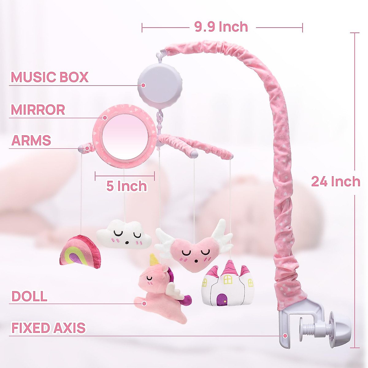 SHIDEER Crib Mobile for Girls, Crib Mobile with 36 Lullabies Musical Box, Baby Mobile for Crib with Mirror, Volume & Songs Control, Baby Mobile Hanging Rotating Crib Toys(Pink Castle&Rainbow Theme)