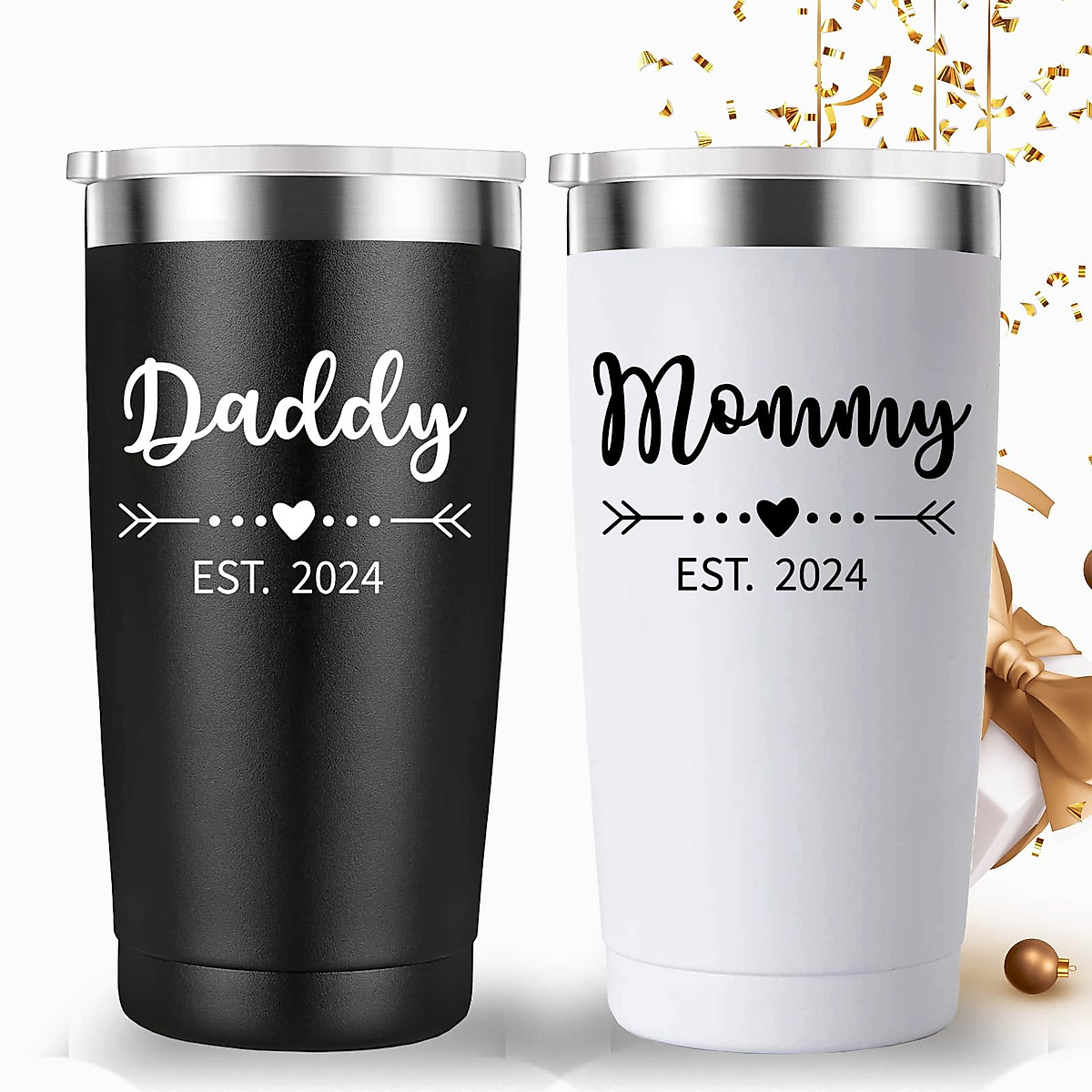 Daddy and Mommy Est 2024 Travel Mug Tumbler.New Parents Pregnancy Gifts.Fathers Day Mothers Day Birthday Christmas Gifts Ideas for New Mom Dad.Parents to Be Baby Shower Gifts(20oz Black&White)