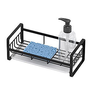 VOLCANOES CLUB Kitchen Sink Sponge Holder with Dish Soap Dispenser & Sponge | Stainless Steel Countertop Sponge Rack | Over The Sink Caddy Organizer with Removable Drain Tray - Black/Large