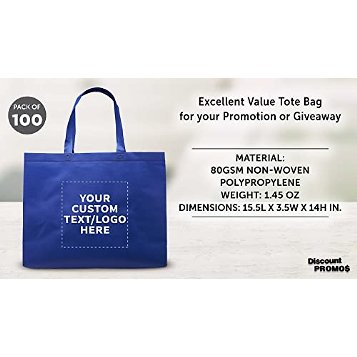DISCOUNT PROMOS Custom Jumbo Sized Tote Bags Set of 100, Bulk Pack - Personalized Reusable Grocery Bags, Shopping Bags, Reusable Eco-Friendly Bags, Customized Promotional Item Totes for Women, Blue
