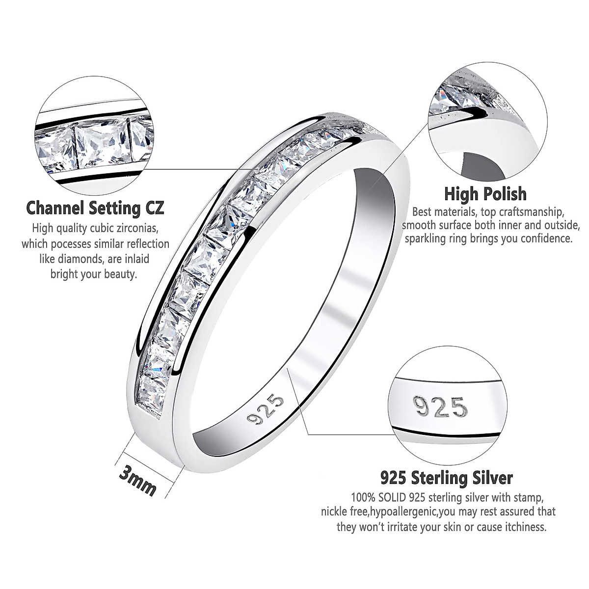 Newshe Jewellery Wedding Bands Eternity Rings for Women AAAAA Cubic Zirconia Princess 925 Sterling Silver Size 7