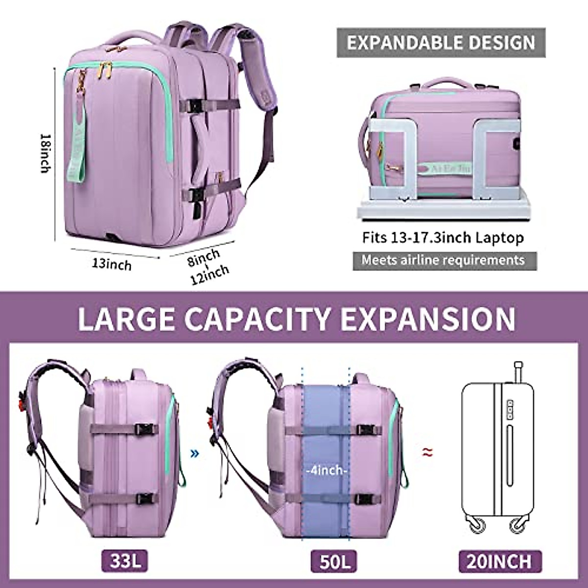 AI EN JIU Travel Backpack for Women Men, 50L Expandable Carry On Backpack 17.3 inch Laptop Backpack with USB Port, Waterproof Business Luggage Traveling Backpack with 3 Mesh Bags & 1 Shoe Bag, Purple