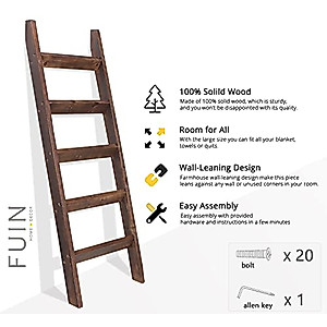 FUIN 5 Ft (58") Wood Decorative Wall Leaning Blanket Ladders Bathroom Storage Quilt Towel Display Rack Shelf Holder Rustic Farmhouse, Brown