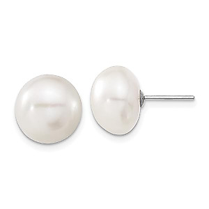 14K White Gold 11mm Button Freshwater Cultured Pearl Stud Earrings