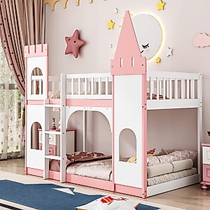 BIADNBZ Twin Over Twin Bunk Bed with Ladder and Door, Wooden Versatile Castle Loftbed Bedframe, for Kids Girls Teens Bedroom, Pink