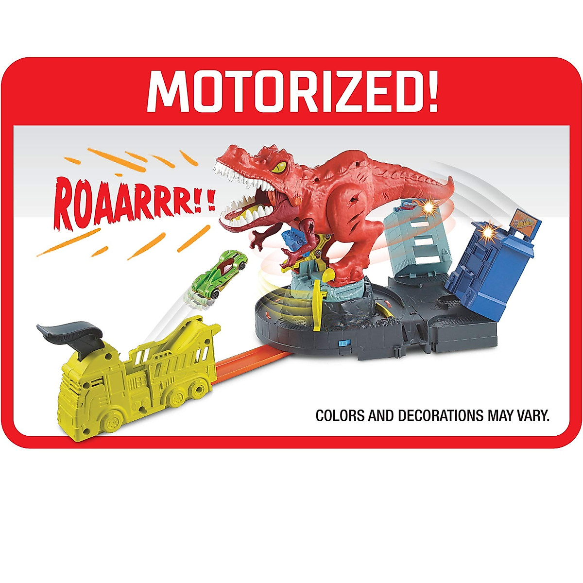 Hot Wheels Toy Car Track Set, T-Rex Rampage Playset & 1:64 Scale Vehicle, Launch into the Giant Dinosaur