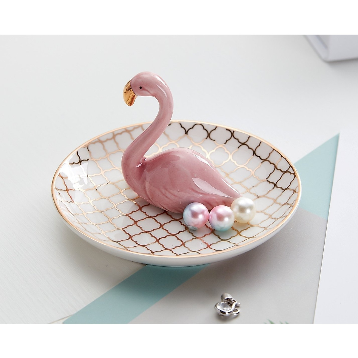 Luxury Porcelain Adorable Flamingos Jewelry Ring Holder - Ceramic Display - Rack Jewelry Dish Organizer – Perfect for Hold Rings - Chain Bracelets Earrings Trays Dish, Grid Disk-Pink