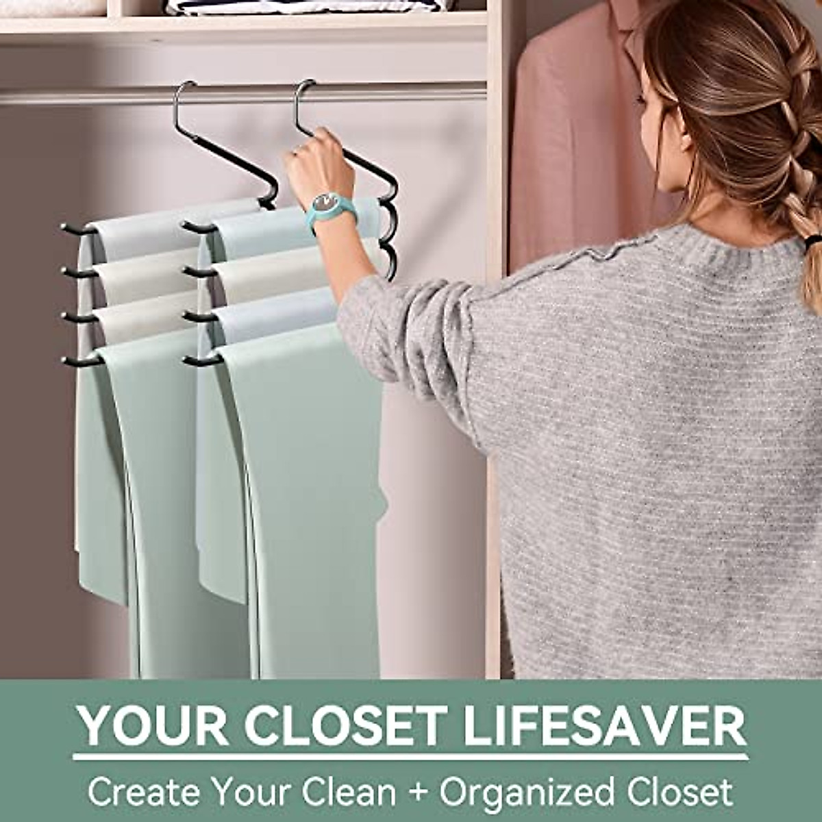 Pants Hanger Jeans Trouser Hanger 3 Pack Stainless Steel Rack Non Slip Closet Space Saver for Tie Scarf Shock Jeans Towel Clothes(Black)