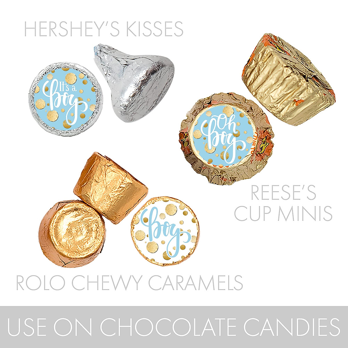 Blue and Gold It's a Boy Baby Shower Favor Stickers, Chocolate Kisses Party Favor Candy Stickers - 180 Labels