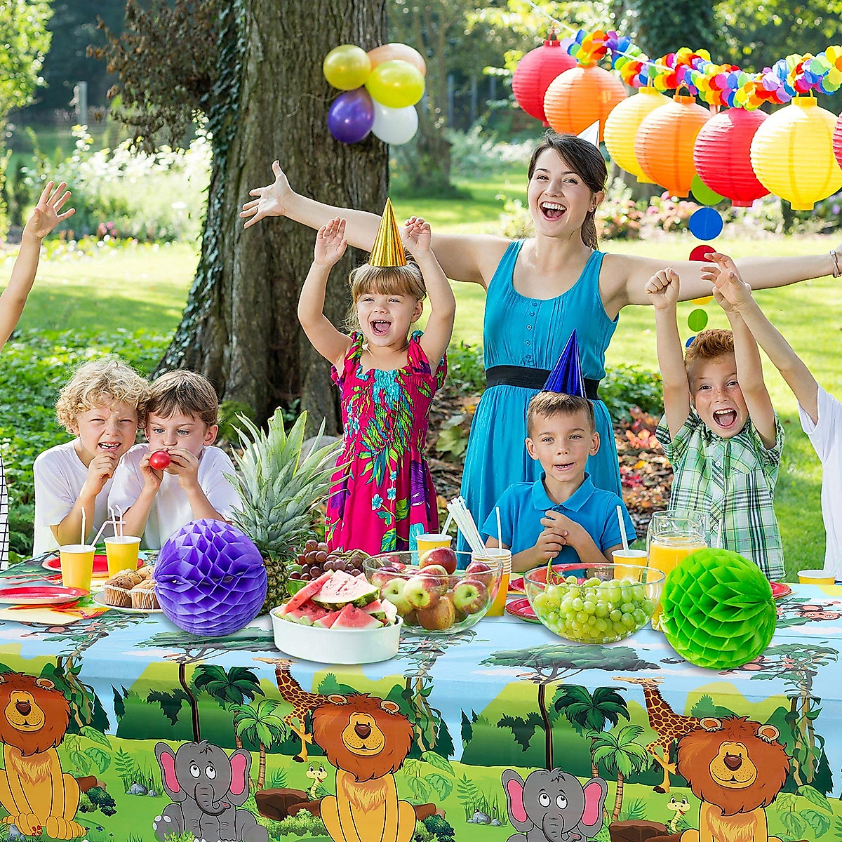 3 Pieces Jungle Animal Party Tablecloth Safari Animals Table Cover Plastic Zoo Jungle Safari Tablecloth for Kids Jungle Safari Theme Birthday Party Baby Shower Decorations and Supplies, 54 X 108 Inch