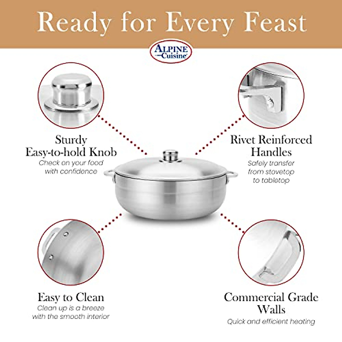 Alpine Cuisine 7-Quart Gourmet Aluminum Caldero Stock Pot, Cooking Dutch Oven Performance for Even Heat Distribution, Perfect for Serving Large & Small Groups, Riveted Handles, Commercial Grade