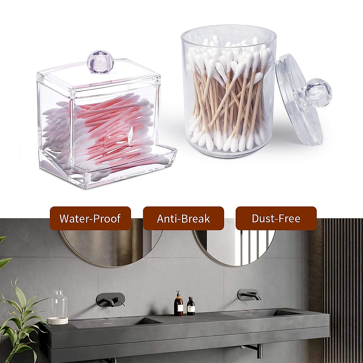 Protecu Qtip Holder Apothecary Jars Plastic Qtip Dispenser Clear Containers with Lids | Bathroom Canisters Makeup Organizer for Cotton Ball Swab Rounds Sponge Pad (3 Pack, 2 11 Oz 1 9 Oz)