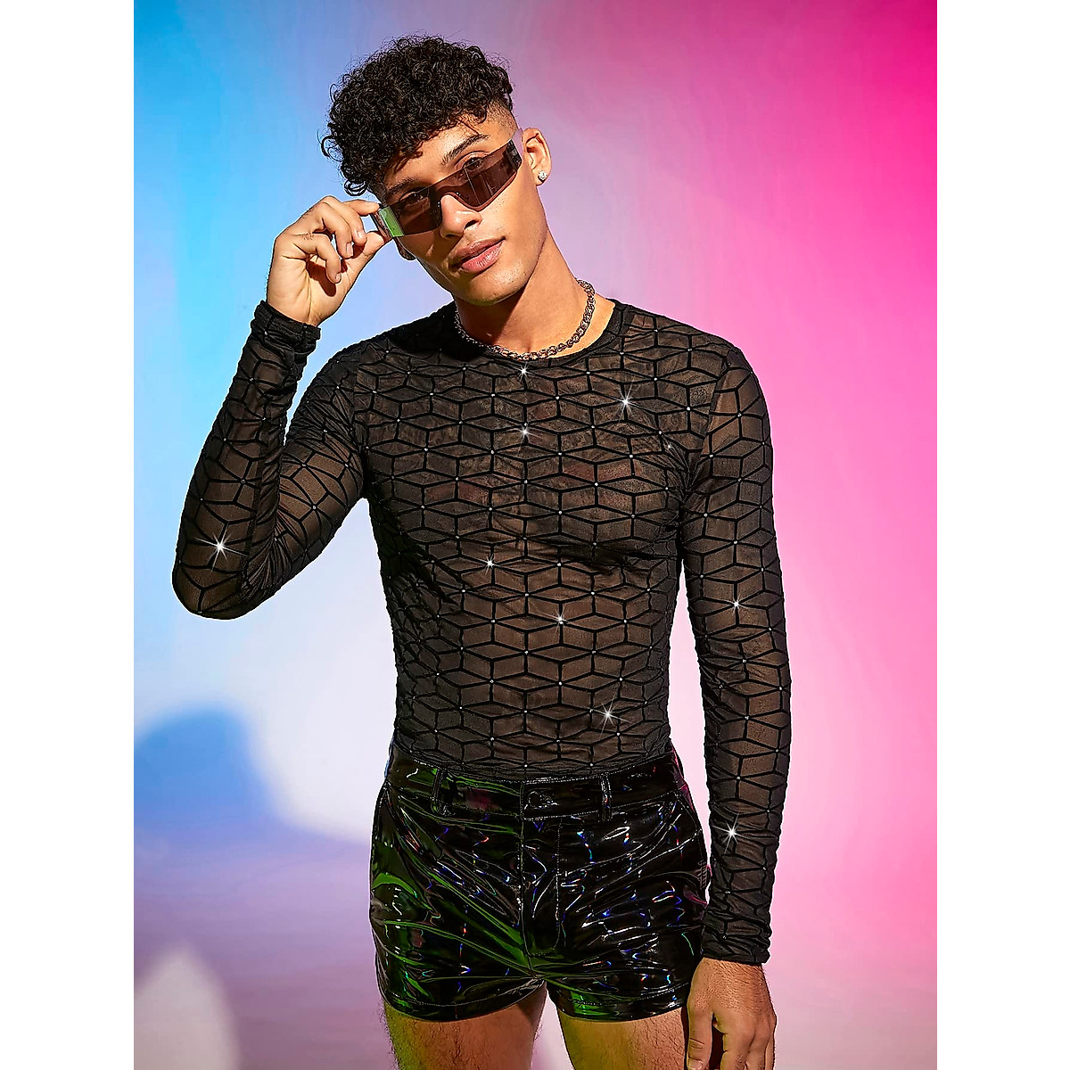 COZYEASE Men's Geo Print Rhinestone Tee Top Long Sleeve Slim Fit Flocking T Shirt Black L