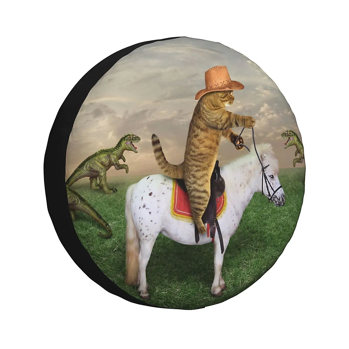GTEVUTS Cowboy Cat and Dinosaur Spare Tire Cover for Rv Trailer Camper Funny Tire Covers Polyester Wheel Cover Wheel Protectors Universal Fit for Car Truck Travel SUV,14 inch