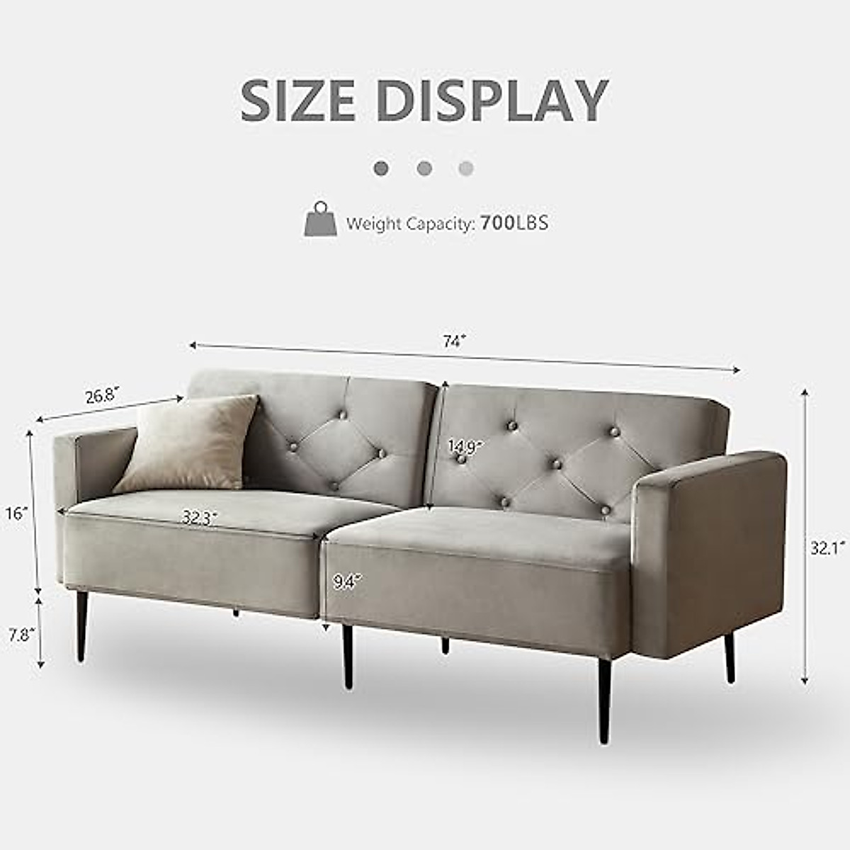 Wimarsbon Futon Sofa Bed,74" Convertible Sleeper Couch,Upholstered Loveseat with Adjustable Back,Arms and High Strength Metal Legs,Memory Foam Cushion,Suit for Living Room Office