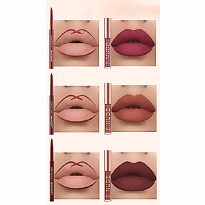 SUMEITANG 12Pcs Lip Liner and Lipstick Makeup Set, 6 Matte Nude Liquid Lip Stick With 6 Matching Smooth Lipliner pencil, All in One Waterproof Long Lasting Lipgloss, Girls&Women Lips Makeup Gift Set