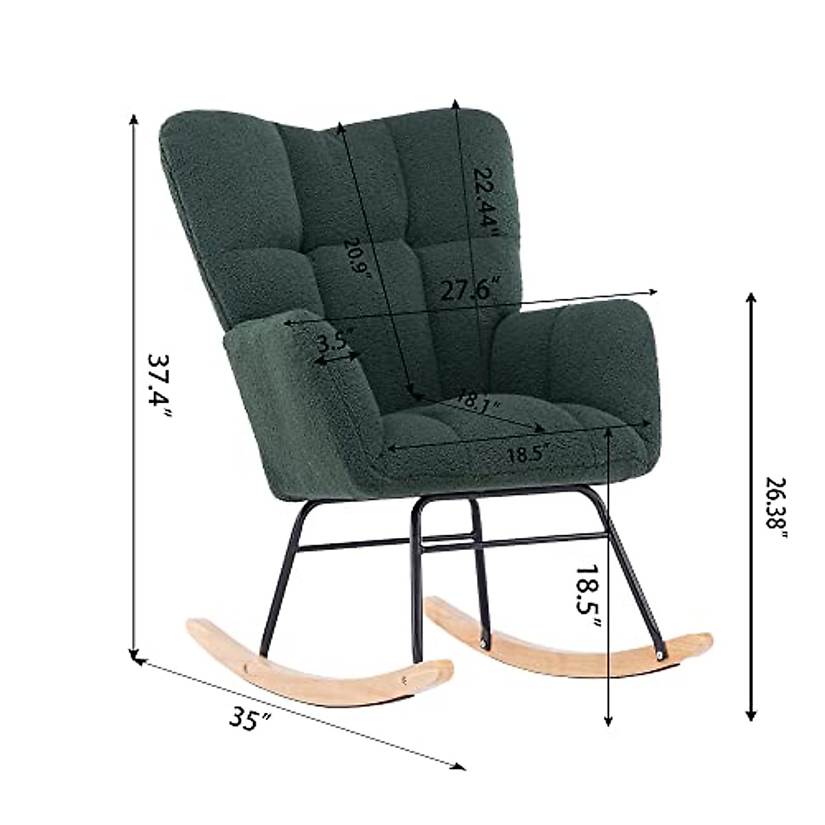 Krinana Teddy Fabric Nursery Rocking Chair, Rocker Armchair with Solid Wood Legs, Glider Chair Nursery with High Backrest for Living Room Apartment (Teddy Fabric,Green)