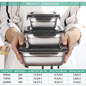 Stainless Steel Food Storage Container with Lids 3pcs set Leak-Proof Large Durable Bento salad container , Lunch Box, For Kimchi, Fruit and Salad -Home family, Picnic, Camping, Outdoor (Black Square)