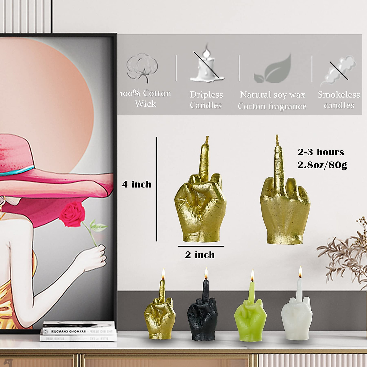 LPUSA 2 Pieces Middle Finger Candles Danish Pastel Room Aesthetic Aromatherapy Natural Soy Wax Decorative Candle for Bedroom Bathroom Wedding(Gold)