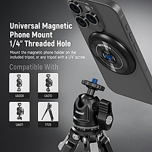 NEEWER Magnetic Desk Phone Tripod Set Compatible with MagSafe iPhone 16 15 Pro Max Plus 14 13 12 Series, Single Hand Grip Selfie Stick Metal Tabletop Mini Tripod with Ball Head, PA010+TP29
