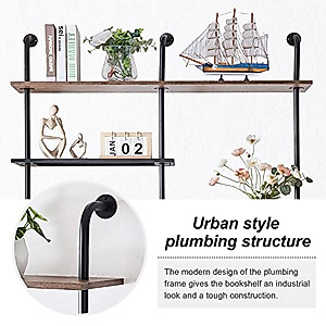 HOMISSUE Industrial Bookshelf 6-Tier Open Wall Mount Ladder Bookshelf, Modern Bookcase with Metal Frame and Wood for Home Office, Wall Mounted Industrial Iron Pipe Shelf, Brown