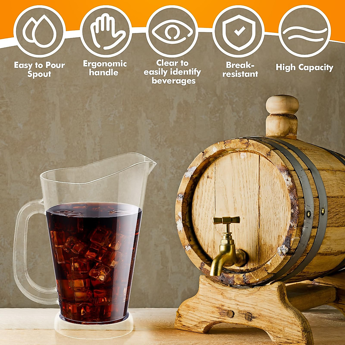 Tioncy 16 Pcs Clear Plastic Drink Pitcher Bulk 34 oz, Water Pitcher with Handle Beverage Pitchers Beer Ice Pitcher Restaurant Serving Jug for Wedding Table Xmas Party Container