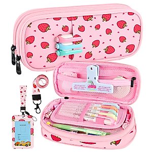 LISEVO Cute Pencil Case - Aesthetic Strawberry Pencil Pouch, Medium Capacity Colorful Pen Bag with Zipper, School Supplies Organizer Stationary Pen Holder for Girls Teens
