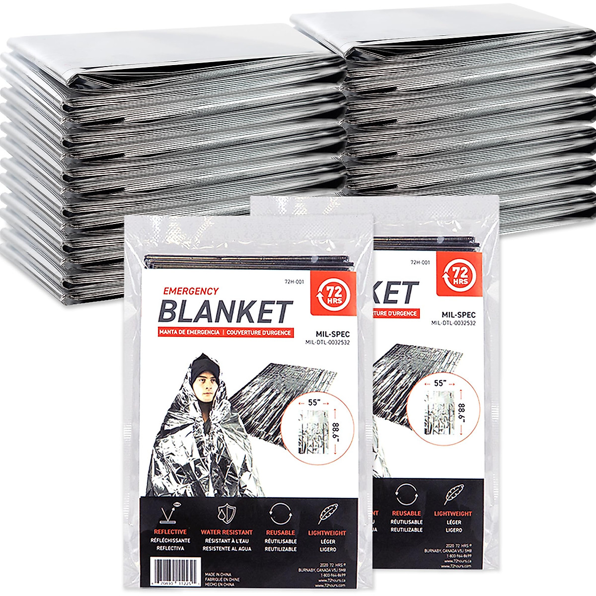 72 HRS MIL-SPEC Emergency Space Blankets – Mylar Survival or Emergency Thermal Blankets for Camping, Hiking, Marathon, First Aid, Emergency Preparedness, Extreme Weather, Shelter (12-Pack)