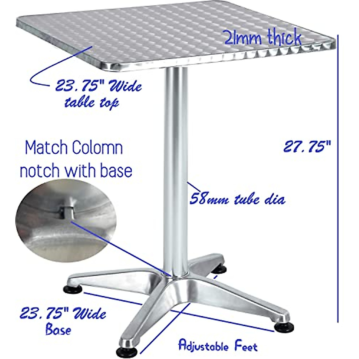 BTEXPERT Indoor Outdoor 23.75" Square Restaurant Table for Patio Stainless Steel Silver Aluminum Furniture with Base