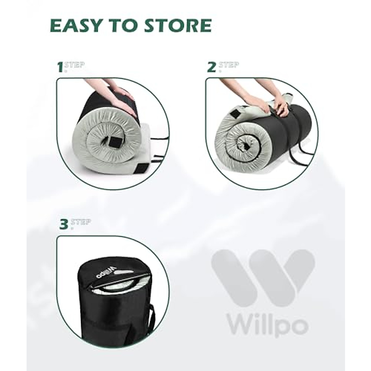 Willpo CertiPUR-US Memory Foam Camping Mattress Portable Sleeping Pad Guest Floor Bed Lightweight Outdoor Tent Mattress with Waterproof Cover & Travel Bag-Kid, Grey