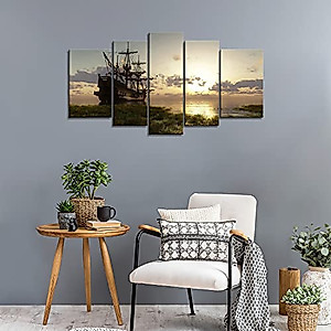 Pirate Ship Nautical Wall Art Viking Ship 5 Panel Painting The Picture Prints On Canvas Modern Artwork for Living Room Home Decor