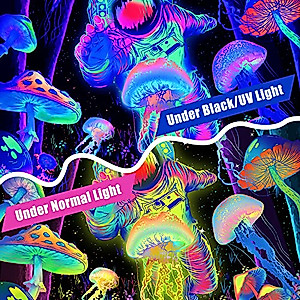 Alishomtll 4 Pcs Blacklight Astronaut Kids Shower Curtain Sets with Rugs, Black Light Space Bathroom Set with Shower Curtain and Rugs, Mushroom Jellyfish Bathroom Sets Decor for Men