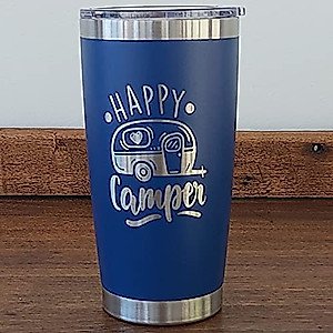 Happy Camper 20oz Coffee Tumbler (Royal Blue), Coffee Mug for Dad, Stainless Steel Travel Mug with Lid
