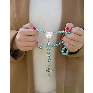 Nazareth Store Blue Pearl Beads Womens Rosary Handcrafted Beaded Necklace with Miraculous Medal and Jesus Cross