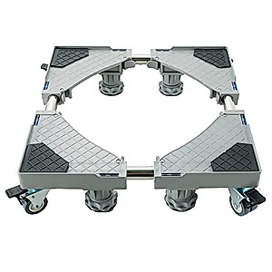 MYFULLY Adjustable Movable Furniture Dolly Roller Base with 4×2 Locking Rubber Swivel Wheels and 4 Strong Feet, Multi-Functional Mobile Stand for Dryer, Washing Machine and Refrigerator (Grey)