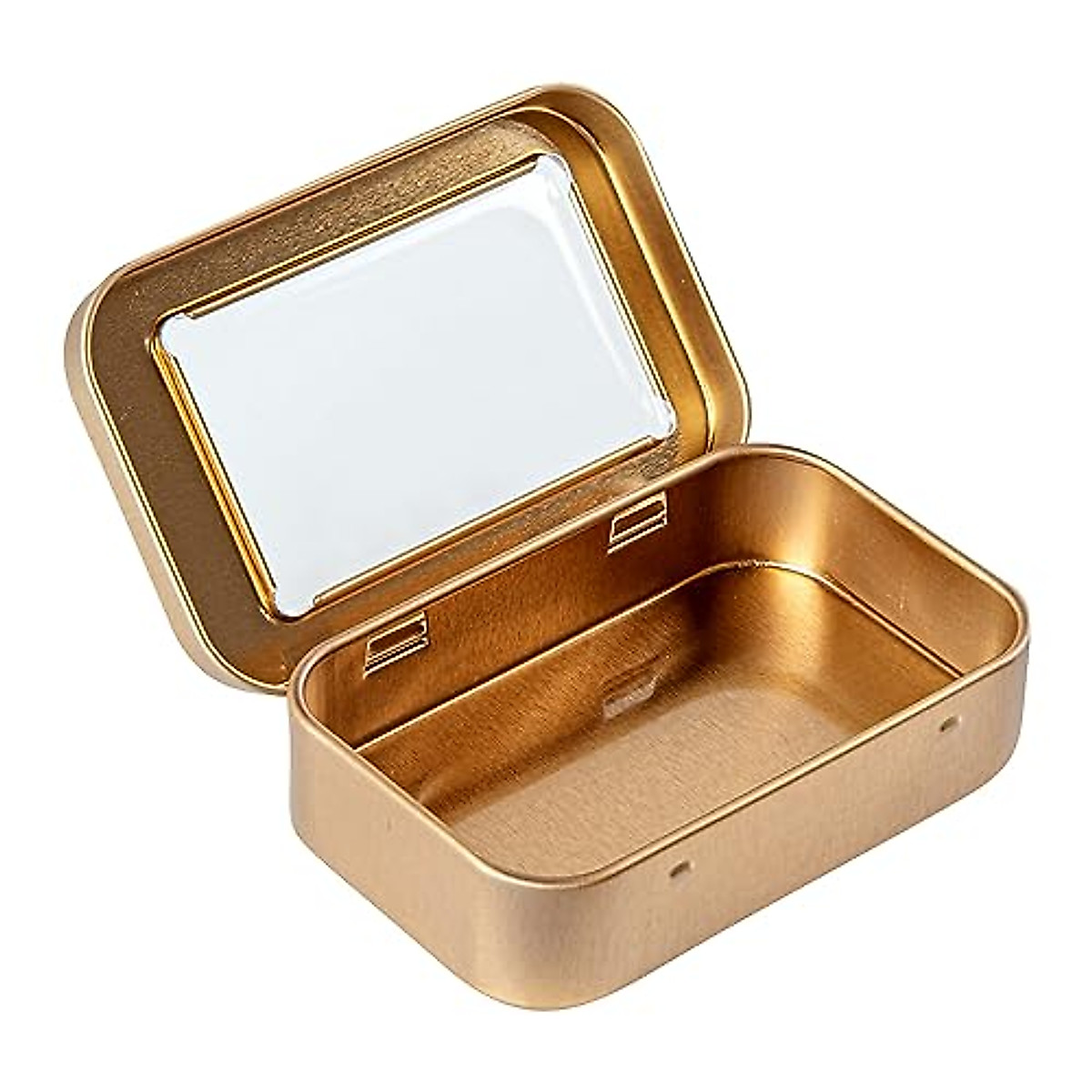 Restaurantware RW Base 4.5 Ounce Rectangular Tin Containers 10 Durable Tin Boxes With Lids - Clear Window Lids Rounded Edges Gold Tin Storage Containers Customizable Fits Mints Or Pills