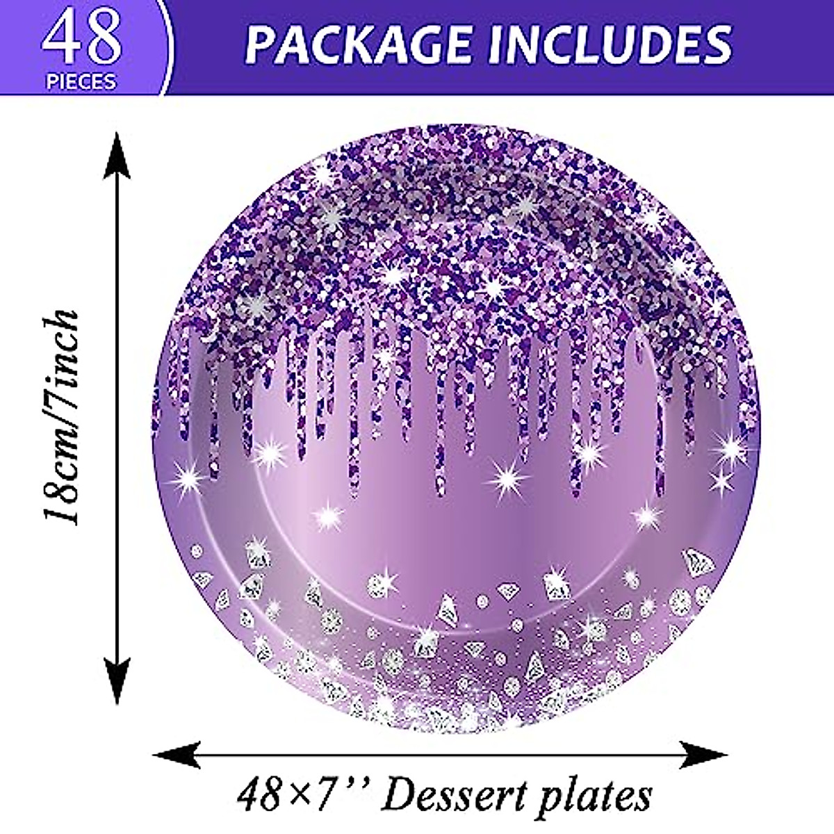 48 PCS Purple Silver Plates for Glitter Diamonds Happy Birthday Decorations Purple and Silver Birthday Theme Dessert Plates for Girls Women Purple Dinner Plate Glitter Diamonds Birthday Party Supplies
