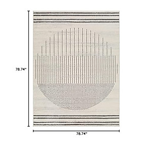 BoutiqueRugs Chet White and Gray Modern Abstract Geometric Area Rug - Minimalist Contemporary Striped Carpet for Living Room, Bedroom, Dining Room - Charcoal, Light Gray, Cream - 6'7" Round Rug