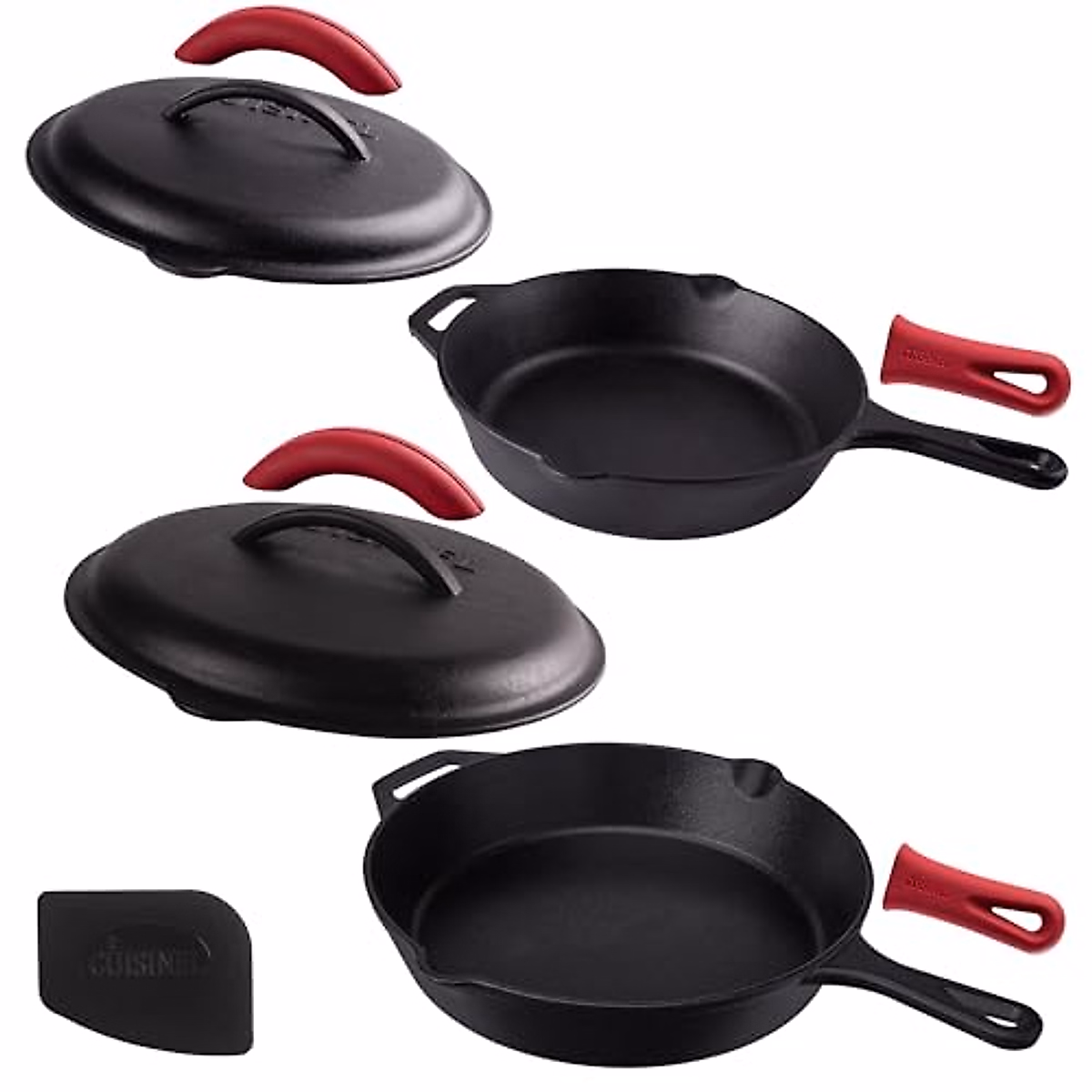 Cast Iron Skillet Set with Lids - 10"+12"-inch Pre-Seasoned Covered Frying Pan Set + Silicone Handle and Lid Holders + Scraper/Cleaner - Use Indoor/Outdoor, Oven, Stovetop, Fire, BBQ Kitchen Cookware