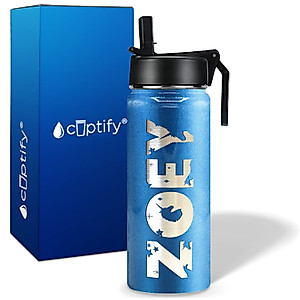 Personalized Kids Water Bottle with Straw Lid on Baby Blue Glitter for School Engraved Custom Children Name 18 oz Modern Insulated