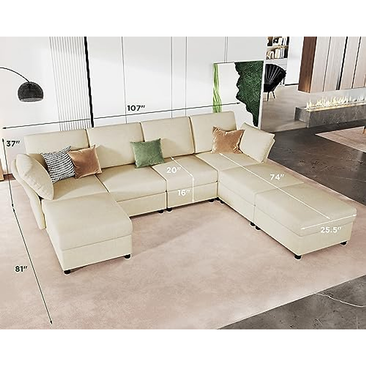 VanAcc Sectional Couch 7 Seats, Modular Sectional Sofa, Convertible Sofa in U Shape with Ottomans, Reversible Sofa Couch for Living Room, Beige Chenille