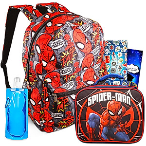 Spiderman Backpack and Lunch Box for Boys - Bundle with Spiderman Backpack for Boys 7-8, Spiderman Lunch Bag, Water Pouch, Stickers, More