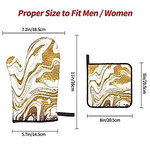 AOYEGO Golden Swirl Oven Mitts and Pot Holders Set of 3 Japanese Marble White Gold Brush Kitchen Heat Resistant Gloves Pad for Cooking BBQ