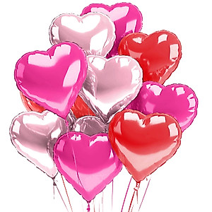 Hot Pink Heart Balloons 15 PACK - Valentines Day Heart Shaped Balloons - Mylar Pink Red Rose Gold Foil Decorations