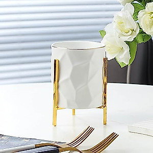 YOSCO Kitchen Utensil Holder,Ceramic Silverware Holder,Flatware Organizers with Golden Metal Frame for Home, Kitchen,Restaurant,Countertop (White)