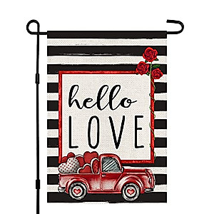 Hello Love Valentines Day Garden Flag Burlap 12×18 Inch Vertical Double Sided, Red Truck and Love Farmhouse Rustic Seasonal Yard Outdoor Decorations DF165