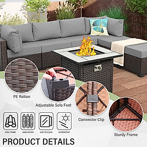 WAROOM Outdoor Patio Furniture Set 7 Pieces Sectional Sofa Brown Rattan Conversation Couch with PE Wicker Propane Fire Pit Table, Non-Slip 5" Thick Grey Cushion and Furniture Cover