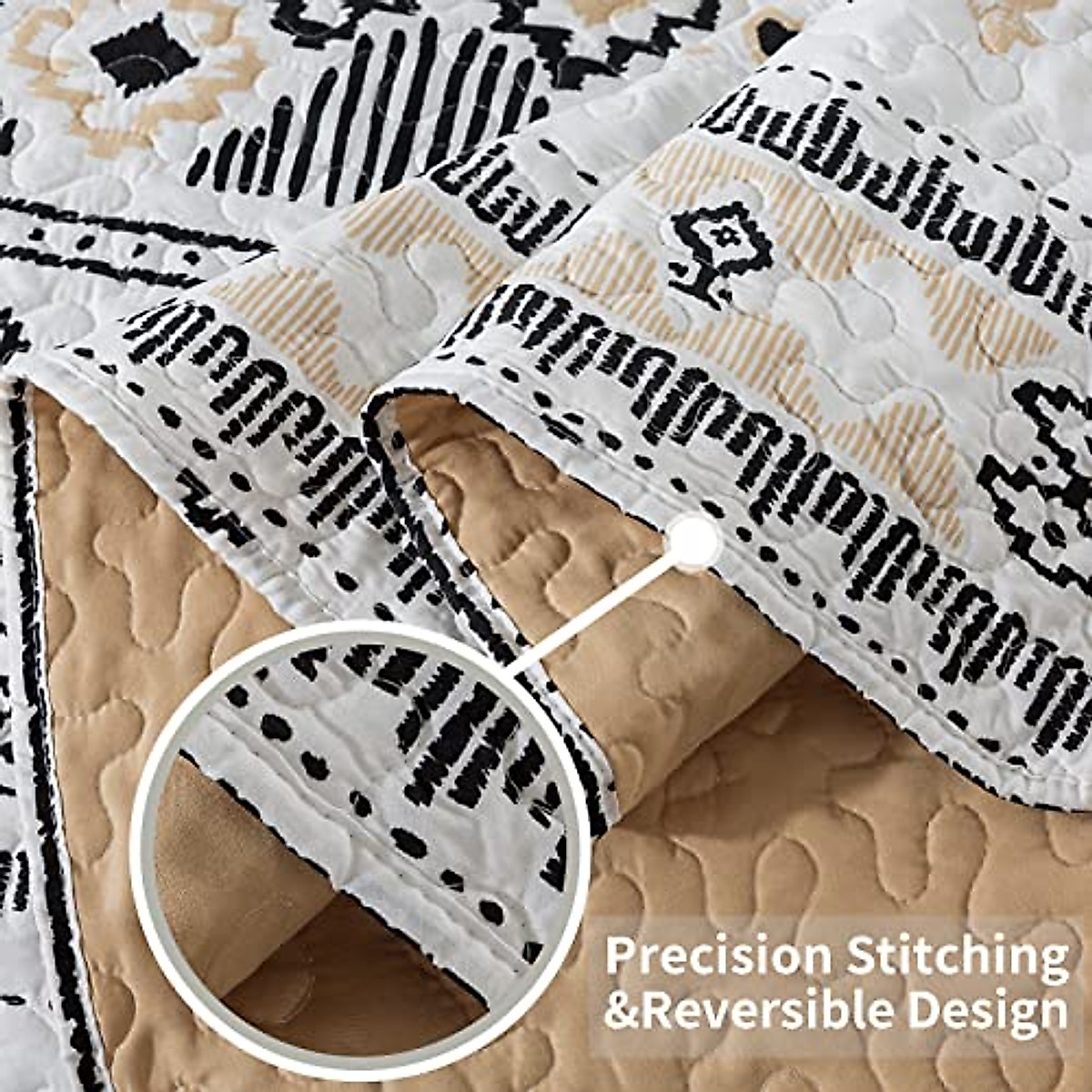 VAPUTAR King Size Quilt Bedding Set - 3 Pieces Soft Stripe Boho King Bedspread, All-Season Lightweight Reversible Coverlet Sets, Quilts King Size for Farmhouse Bedroom (Black/Beige)