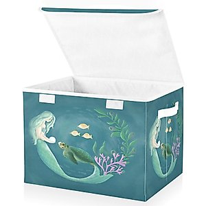 DIGTIA Summer Mermaid Turtle Storage Bins with Lids Large Pearl Sea Ocean Green Storage Basket with Handles Foldable Fabric Storage Box Organizer for Clothes Toys Closet Cabinet Home Office Bedroom